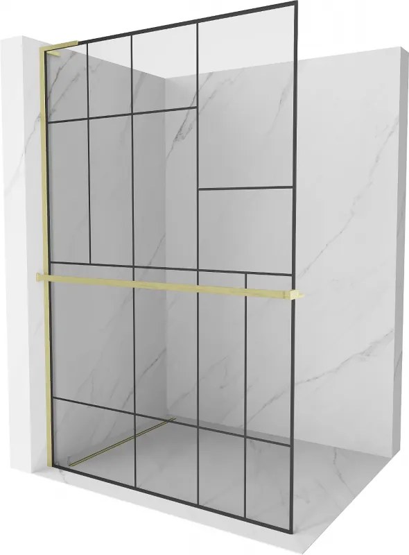 Mexen Kioto+ L, sprchová zástěna Walk-In s poličkou a věšákem 100 x 200 cm, 8mm čiré sklo černý vzor, zlatý matný profil, 800-100-123-55-78