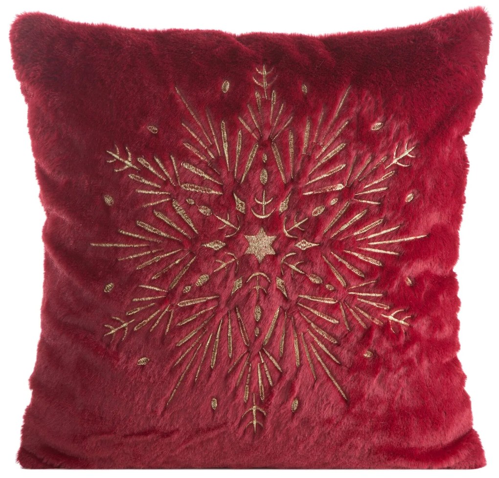CHLUPATÝ VÁNOČNÍ DEKORAČNÍ POVLAK NA POLŠTÁŘ SNOWFLAKE 45X45 CM BORDOVÁ