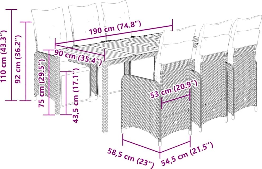 7dílný zahradní bistro set s poduškami černý polyratan 3277131