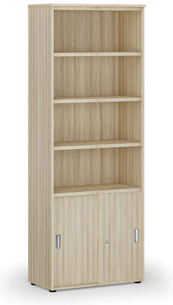 Kombinovaná kancelářská skříň PRIMO WOOD, zasouvací dveře na 2 patra, 800 x 420 x 2128 mm, dub přírodní