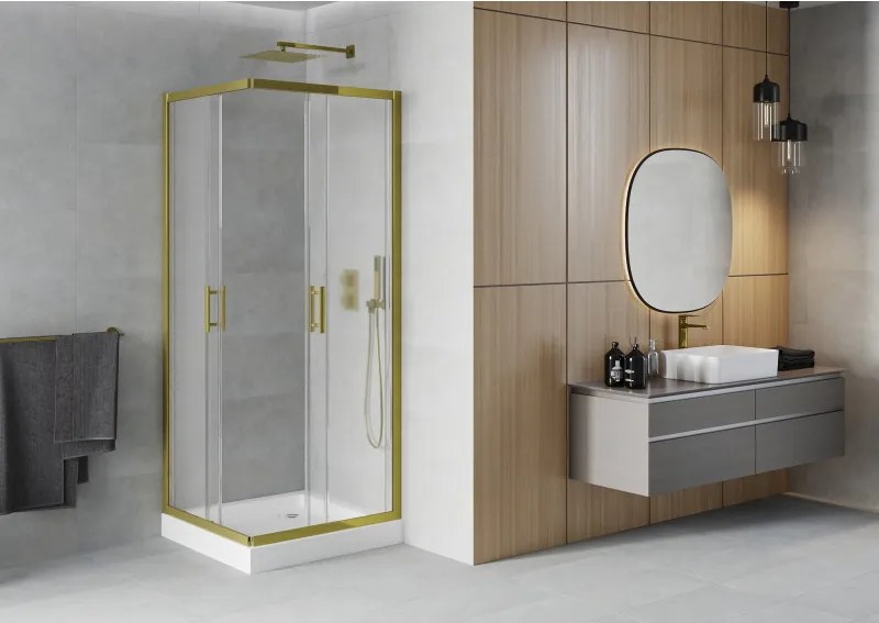 Mexen Rio, čtvercový sprchový kout s posuvnými dveřmi 80 (dveře) x 80 (dveře) x 190 cm, 5mm sklo námraza, zlatý profil + bílá sprchová vanička RIO, 860-080-080-50-30-4510