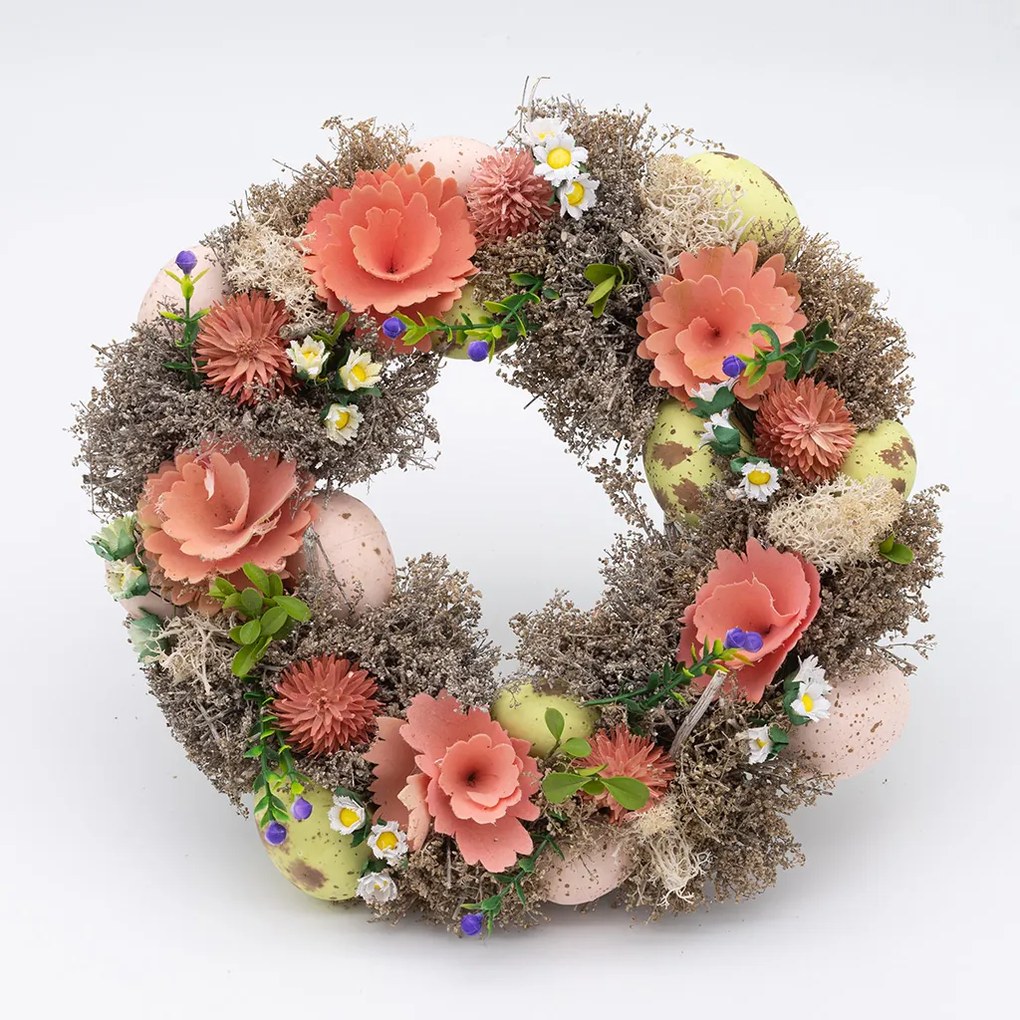 Velikonoční věnec na dveře 30 × 30 × 8 cm, růžové květy, plast, venkovní