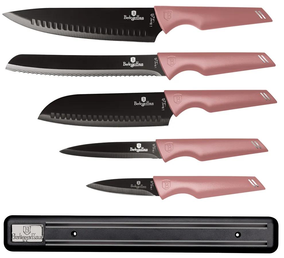6dílná sada kuchyňských nerezových nožů s magnetickým držákem PINK 19959