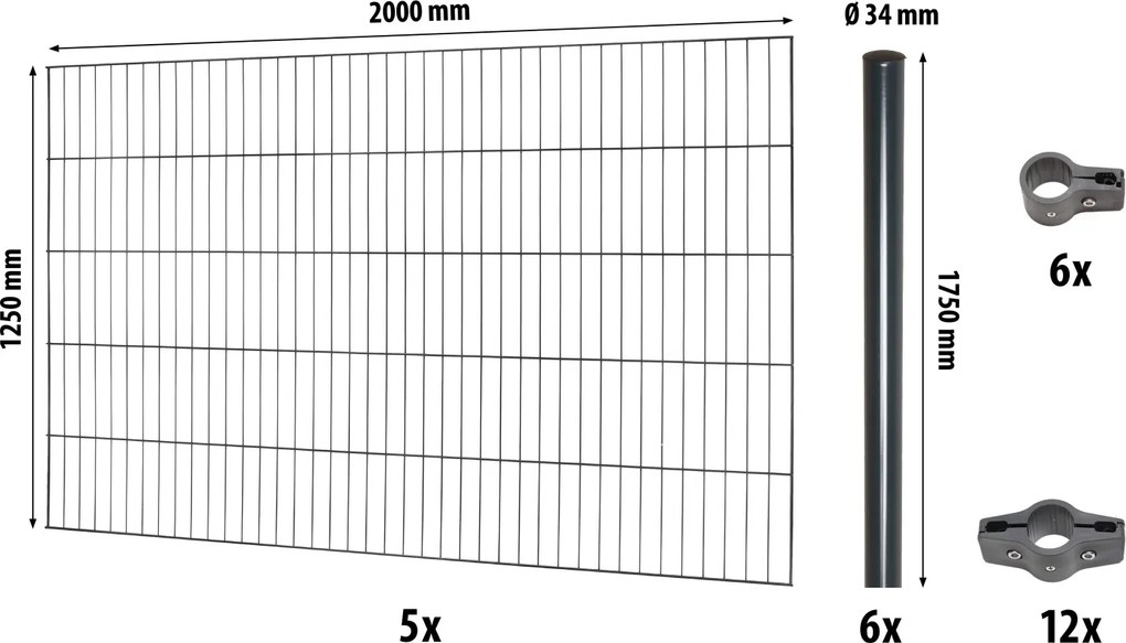 Floraworld Sada drátěných plotových panelů se sloupky, antracit, 125 cm x 10 m
