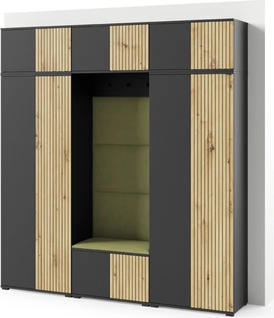 Eka Předsíňová stěna s čalouněnými panely Joey 4 - Černá a Dub Artisan / Khaki zelená 2327