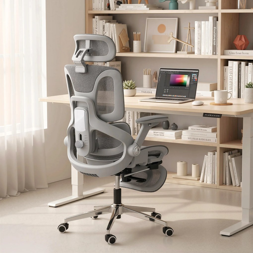HOMCOM ergonomická síťovaná kancelářská židle — 4D područky, nastavitelná opěrka hlavy a hloubka sedáku, bederní opora, sklápění 135° s opěrkou nohou…