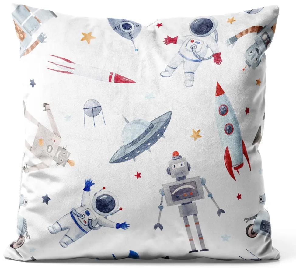 Dekorační velurový polštář Vesmírné hračky - rakety a astronauti mezi hvězdami na bílém pozadí