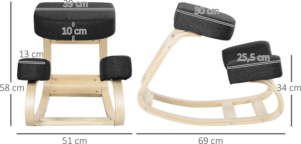 Ergonomická klečící židle Vinsetto s rámem z březového dřeva, molitanovým a polyesterovým polstrováním pro domácnost a kancelář, černá