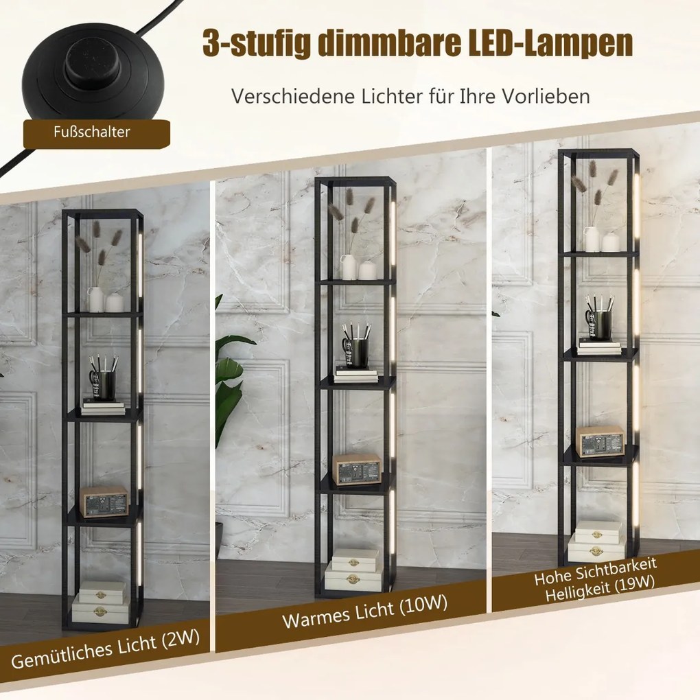 Costway Stojací lampa Moderní osvětlená úložná police – 29 × 29 × 163 cm, černý