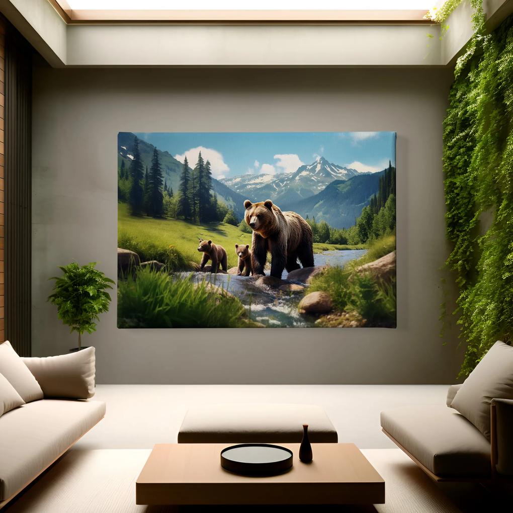 Obraz na plátně - Medvědí rodina se cachtá v potoce v údolí FeelHappy.cz Velikost obrazu: 180 x 120 cm