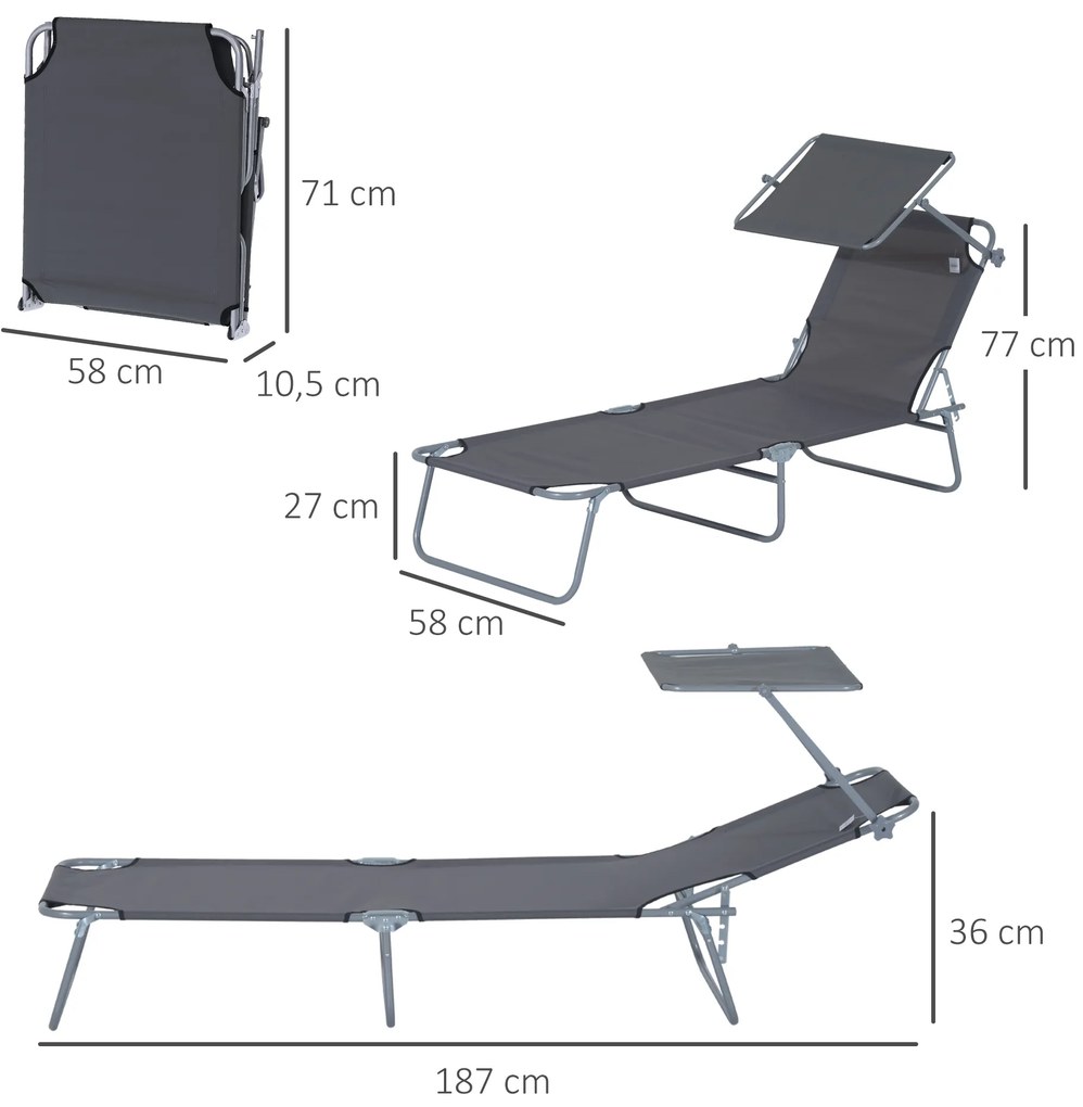 Skládací zahradní lehátko Outsunny s ochranou proti slunci šedé 187 x 58 x 36 cm ideální na pláž a terasu