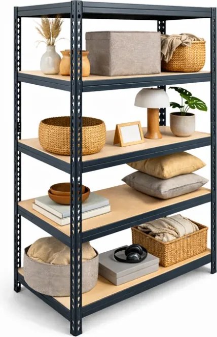 Akce 5x Regál 183x75x40 cm lakovaný 5-policový, nosnost 100 kg, RIVET - černý