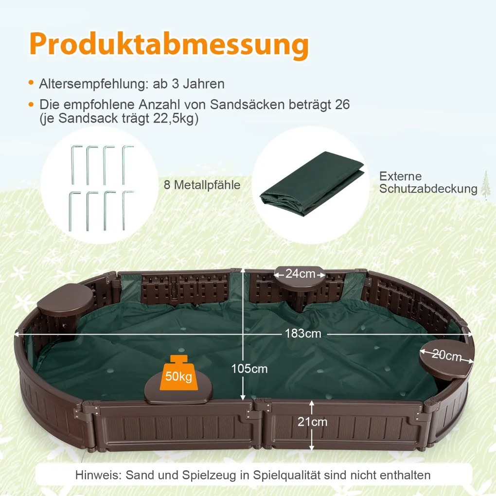 Costway Pískoviště Sandbox s voděodolným krytem – 183 × 105 × 21 cm, hnědý