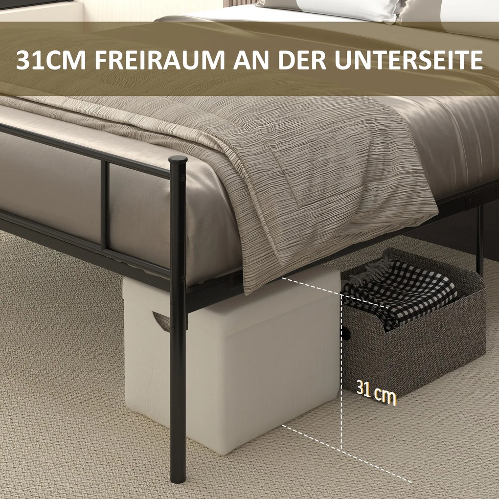 Kovový dvoulůžkový rám postele HOMCOM 145x211x106cm, s integrovanými latěmi a čelem, úložný prostor pod postelí, černý