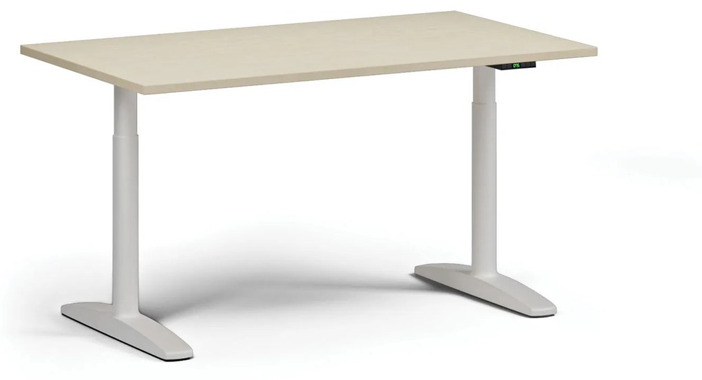 Výškově nastavitelný stůl OBOL, elektrický, 675-1325 mm, deska 1400x800 mm, bílá zaoblená podnož, wenge
