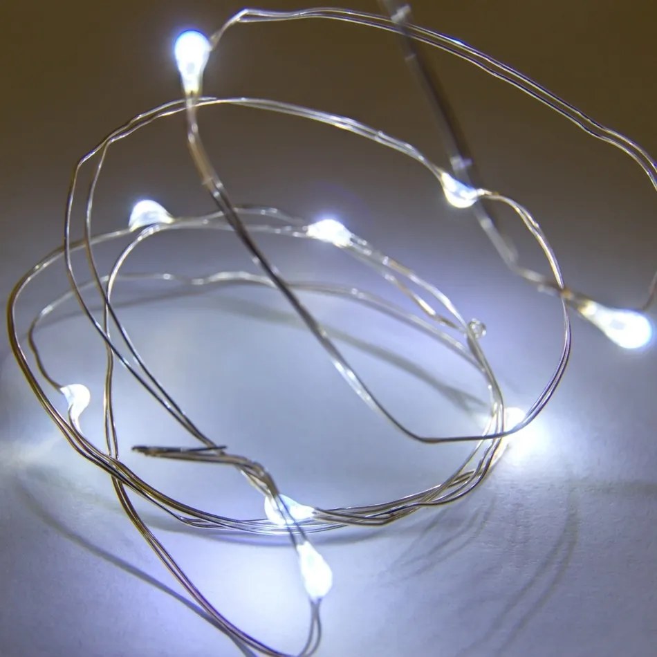 LED světýlka na baterky, kapičky, 2 m, ledově bílá, 20 diod, drátek, IP20 interiér, 3 × AA