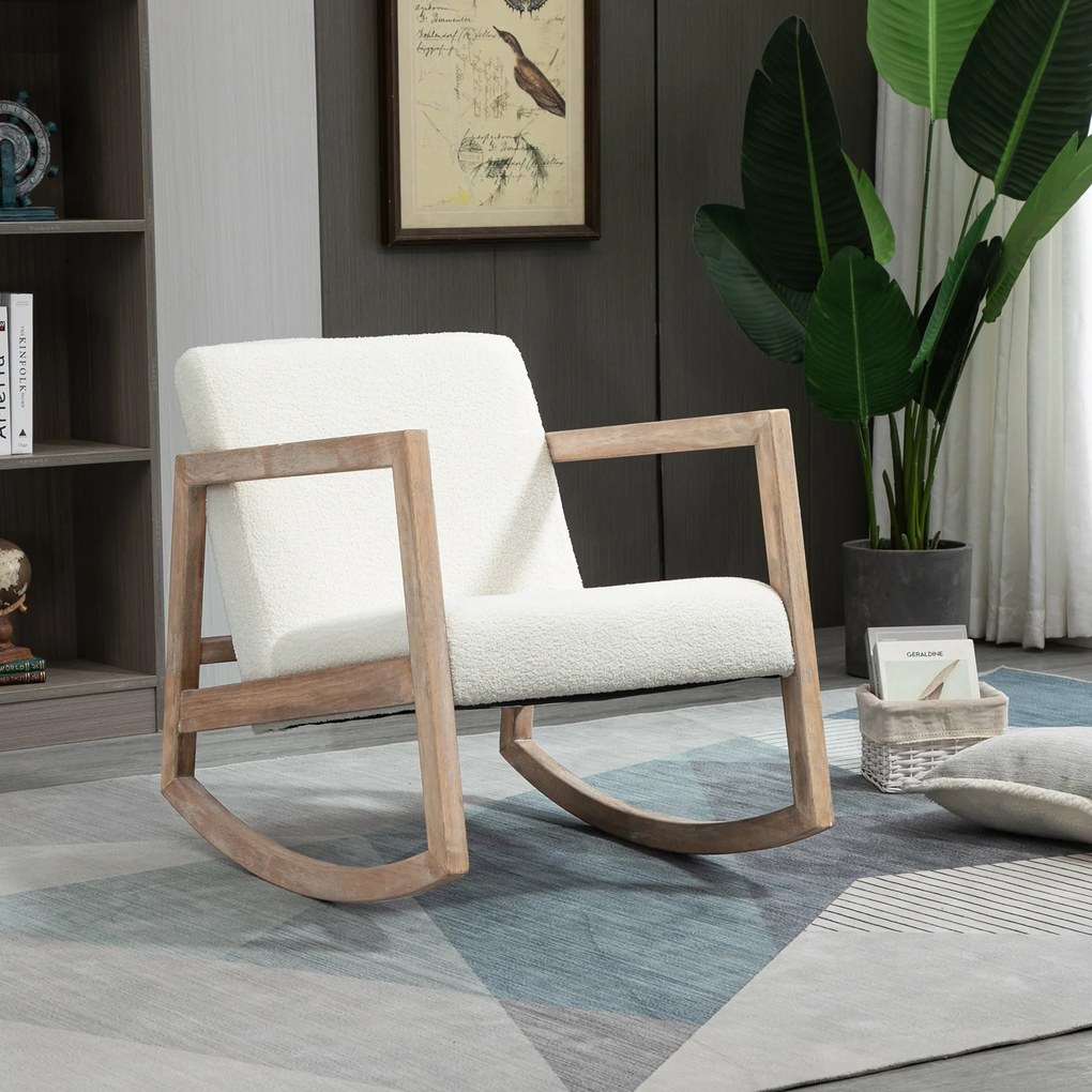 HOMCOM Houpací křeslo Relaxační křeslo s dřevěným rámem, čalouněné, lounge, kaučukovník, krémově bílé