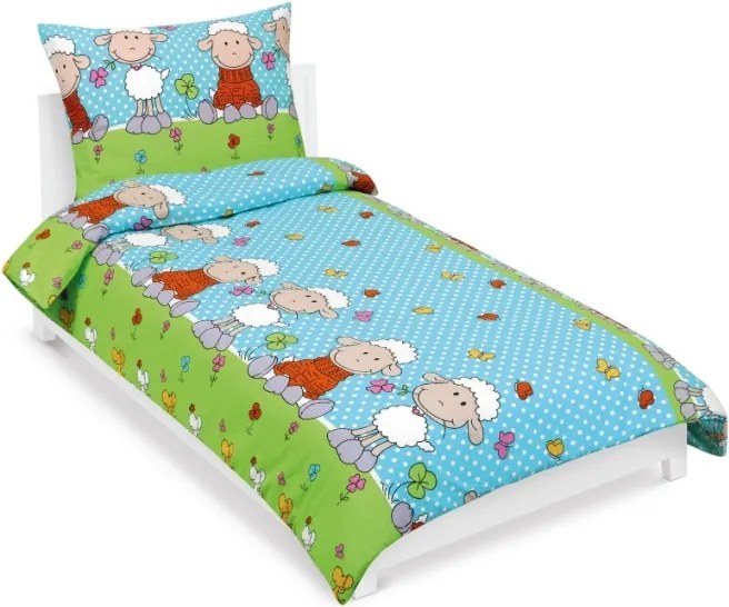 Bellatex Povlečení krepové 140x200, 70x90 cm Ovečka Modrá, Zelená, Bílá