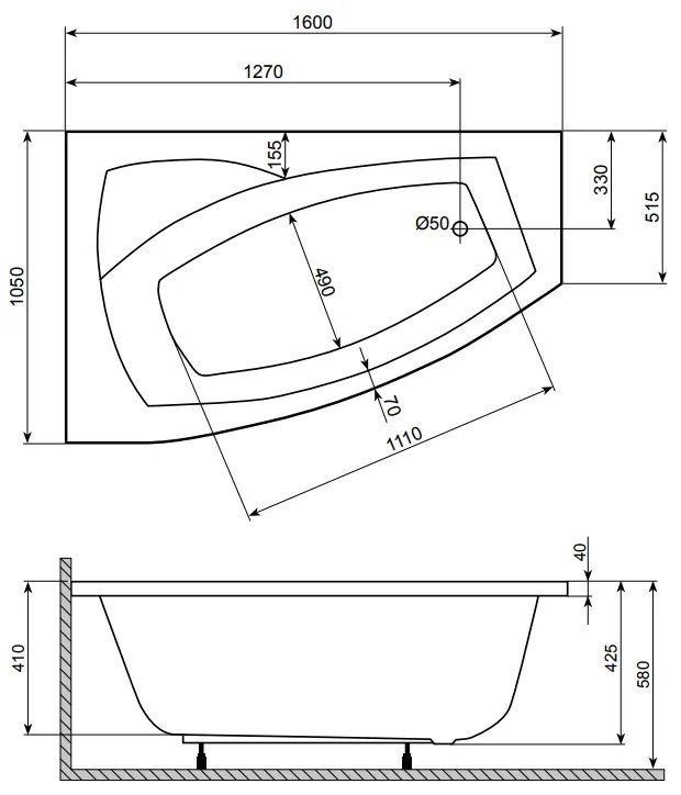 Arttec Thaleila Classic SOR01869 vana asymetrická akrylátová levá 160 x 105 cm