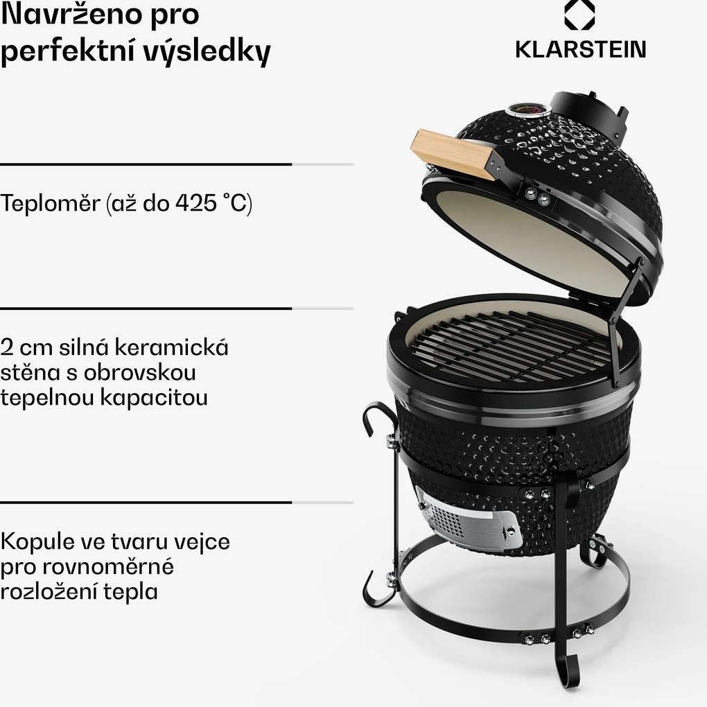 Klarstein Princesize, kamado gril, keramický, 11", uzení, BBQ, pomalé vaření, černý