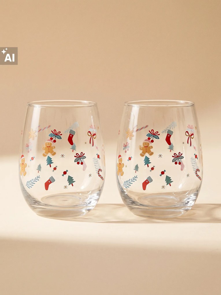 Sinsay - Vánoční sklenice s potiskem perníčků, vánočních stromků a cukrových hůlek 2 pack - clear