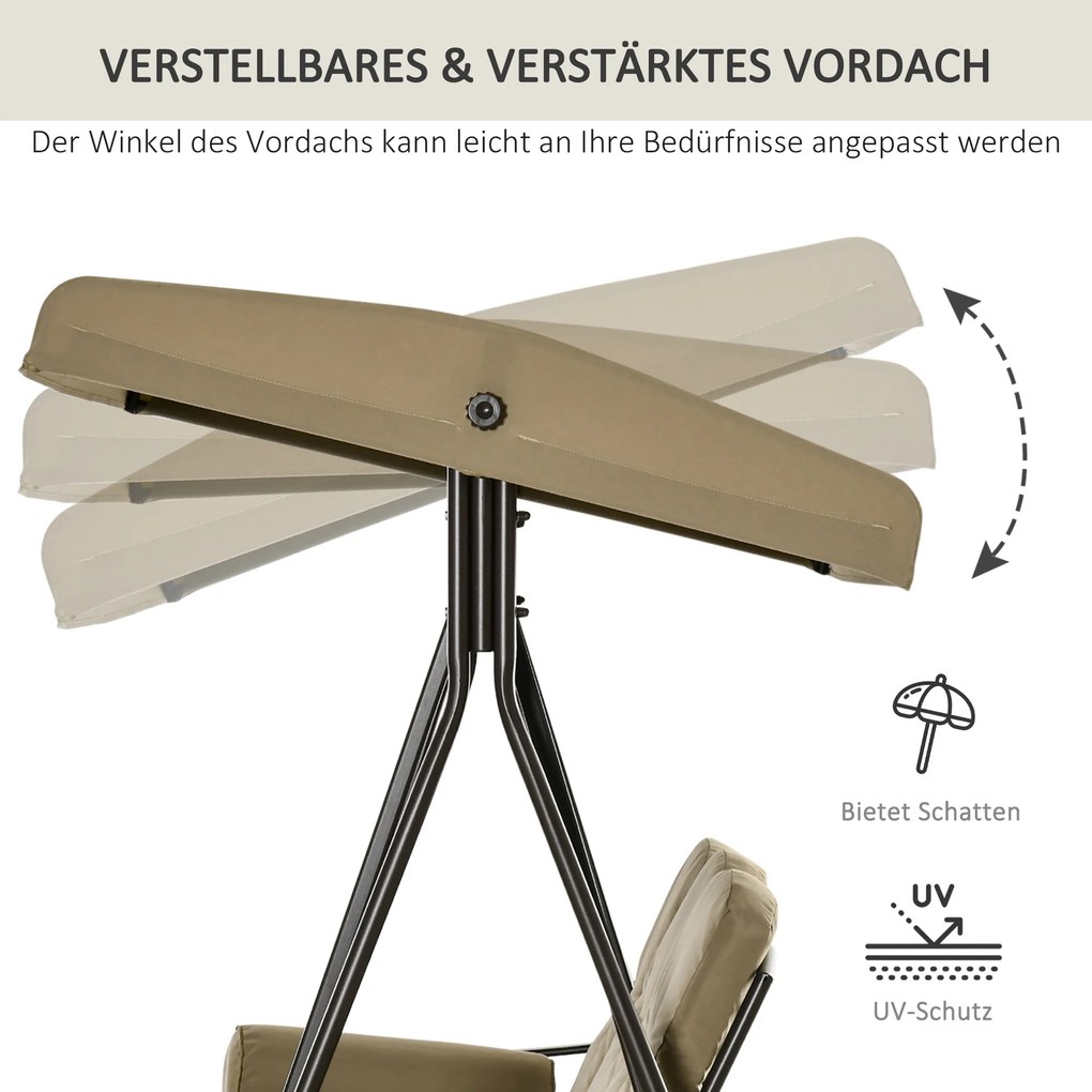 Třímístná zahradní houpačka Outsunny Hollywood s polštáři se sluneční stříškou kov polyester khaki 116 x 206 x 183 cm | Aosom