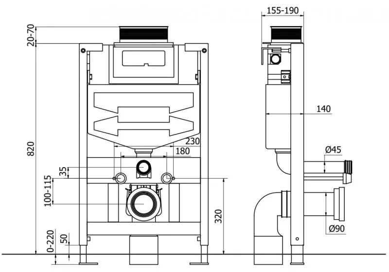 Mexen Fenix Air XS-F, snížený podomítkový modul s pneumatickým splachováním shora pro závěsné WC h82 w50 cm, 6A850