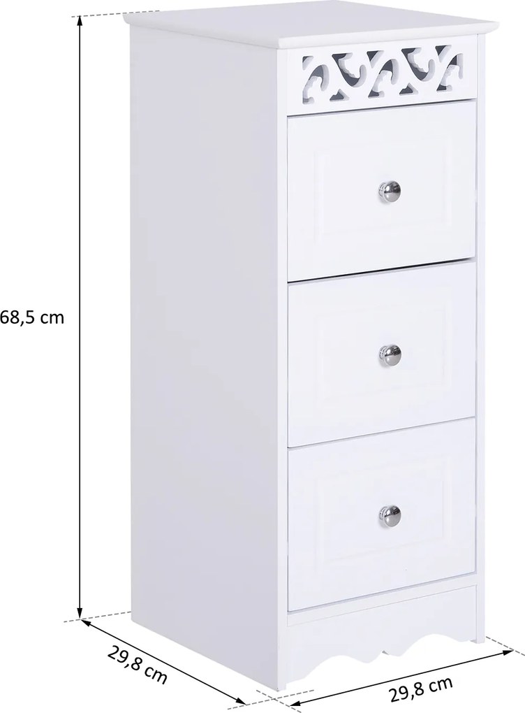 HOMCOM Bílý Úložný Skříňka se 3 Zásuvkami pro Kuchyň, Jídelnu, Obývací Pokoj, Ložnici a Koupelnu 29,8x29,8x68,5 cm