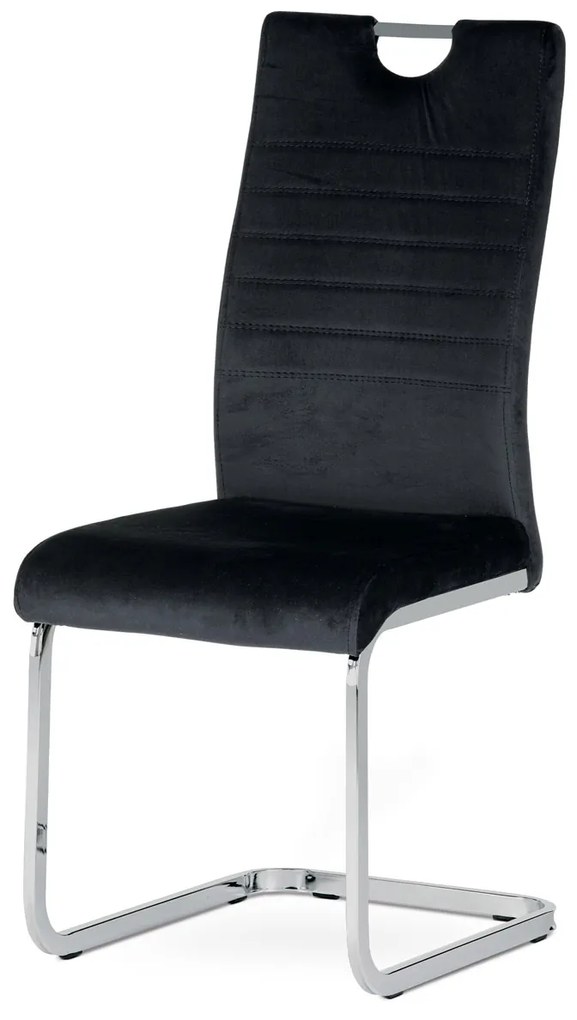 Jídelní židle, potah černá sametová látka, kovová chromovaná podnož a madlo