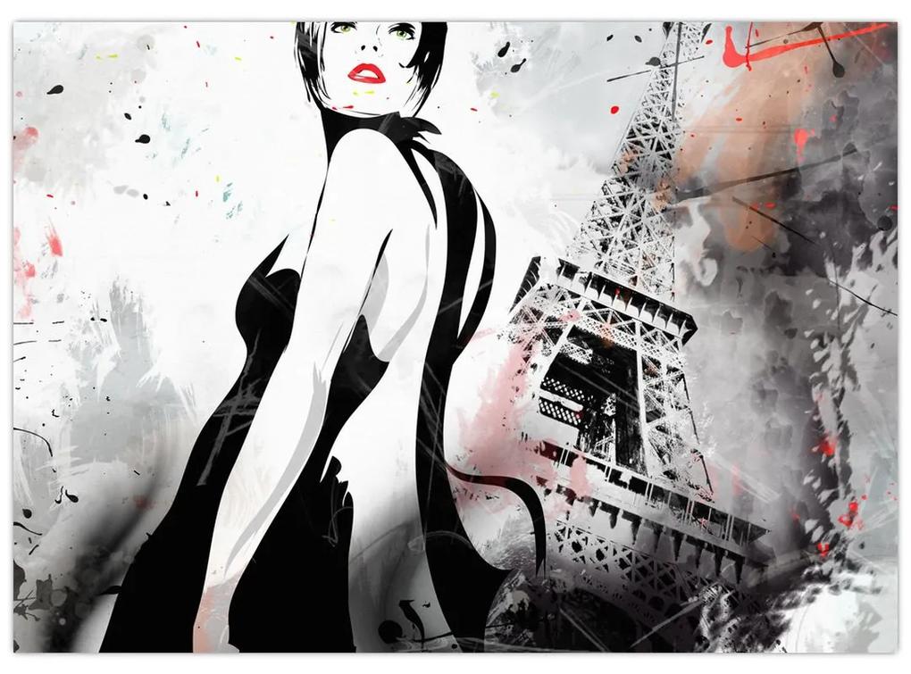 Skleněný obraz - Lady a Eiffelova věž (70x50 cm)