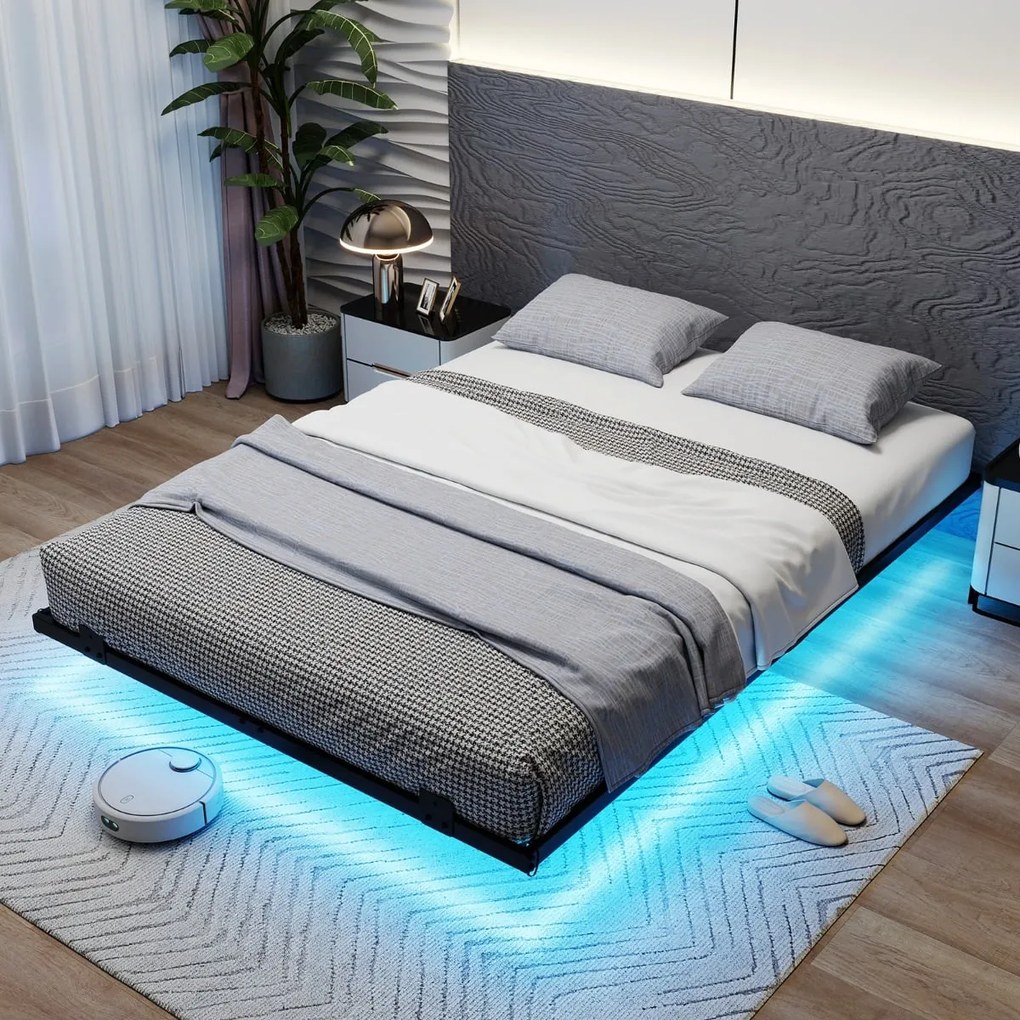 Costway Rám dvoulůžka plovoucí postel s LED světly moderní rám z kovu černé