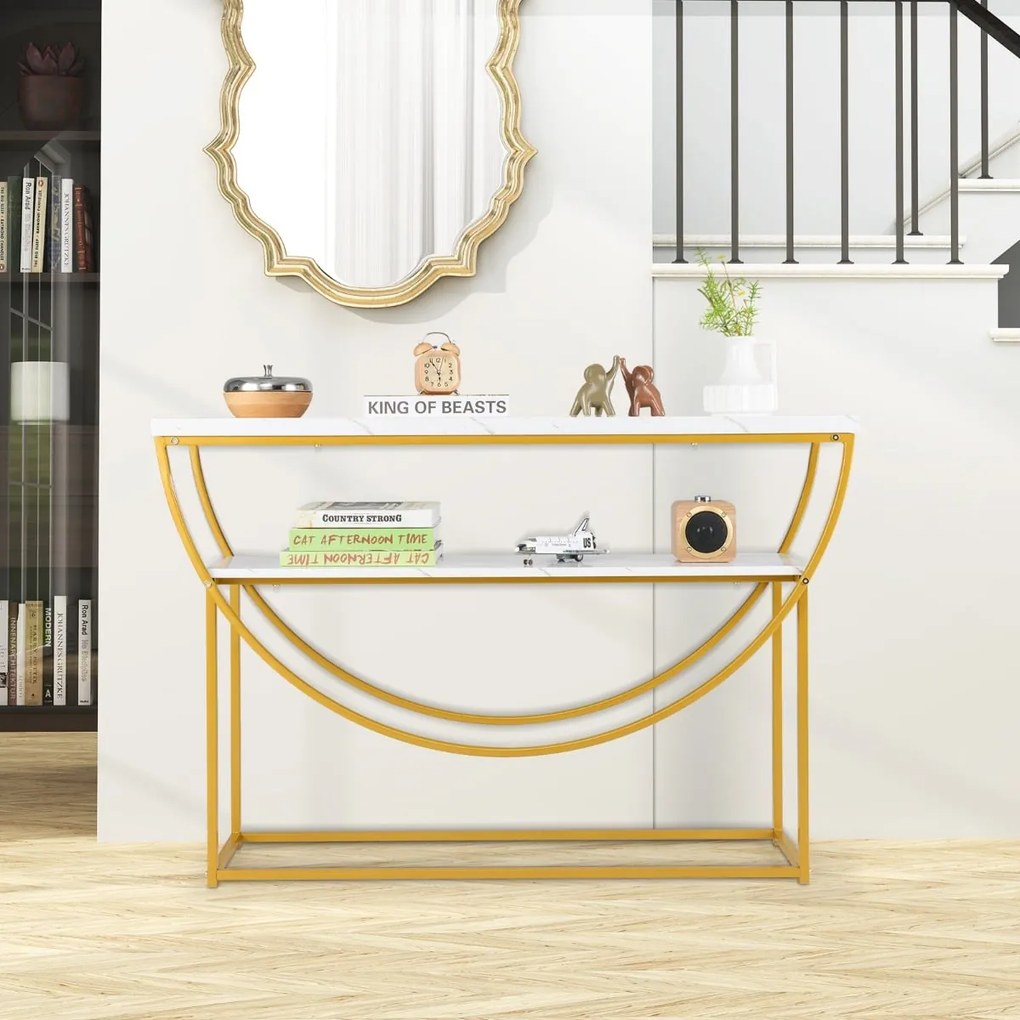 Costway Úzký konzolový stůl s mramorovou deskou 2 úrovně Sofa Table, bílý