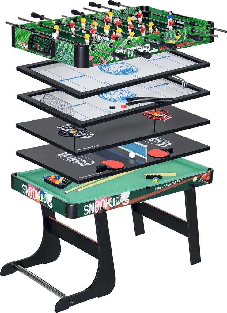 HOMCOM 6 v 1 Skládací Multiherní Stůl pro Děti od 7 Let – Stolní Hry: Kulečník, Stolní Fotbal, Ping Pong, Hoops, Air Hockey, Lední Hokej 118x104x71 cm