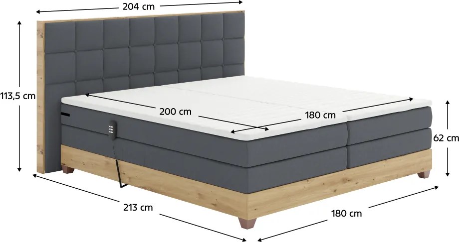 Elektrická polohovací postel, boxspring, tmavě šedá/dub artisan, 180x200, TIANA