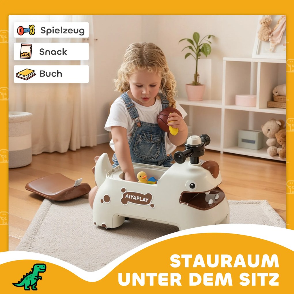 Ruschauto, dino design, volant, světla, zvuky, 4 kola, krémová bílá+hnědá