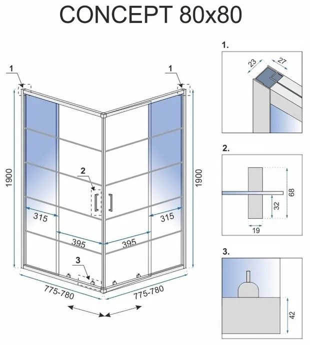 Čtvercový sprchový kout REA CONCEPT 80x80 cm, černý se sprchovou vaničkou Savoy bílá