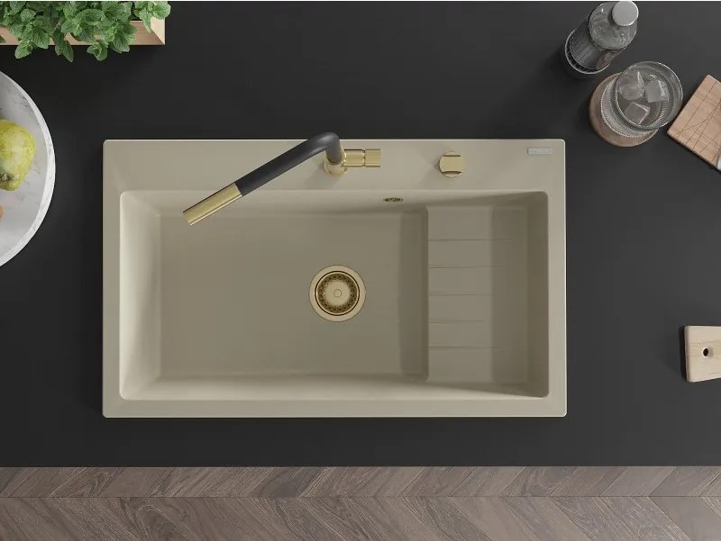 Mexen Omar granitový dřez 1-komorový 800 x 480 mm, béžový, zlatý sifon - 6520801005-69-G