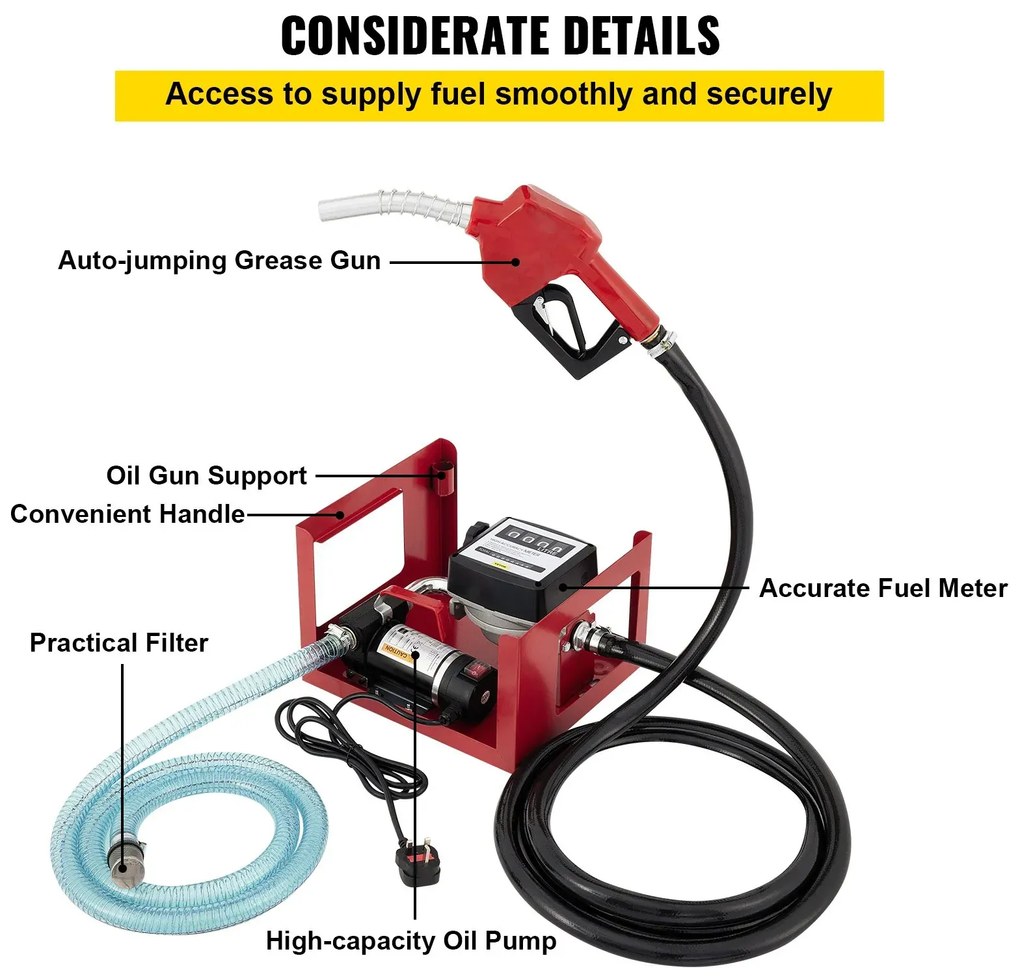 E-CrossStu GmbH Palivové čerpadlo s průtokoměrem a pistolí 40 L na naftu, topný olej, samonasávací olejové čerpadlo 300 W, sací olejové čerpadlo VEVO35 |červená,