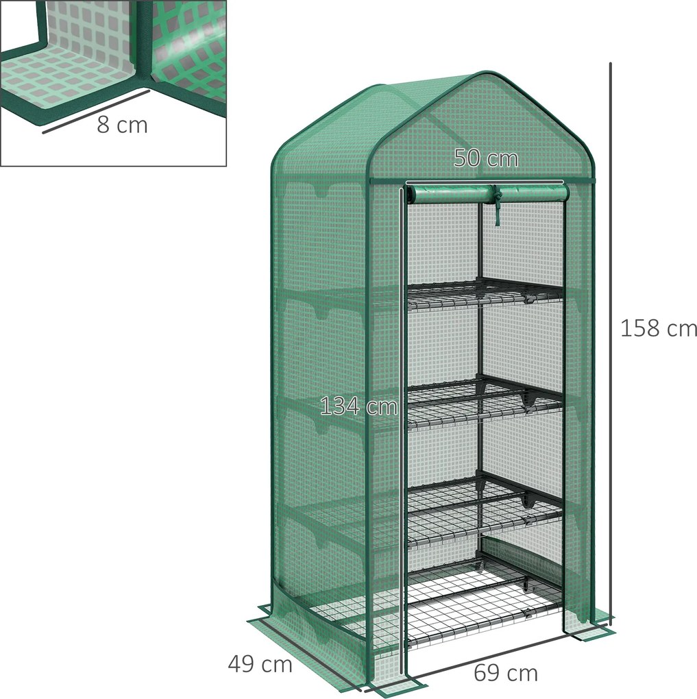 Outsunny skleník na rostliny s 4 policemi a roll-up dveřmi, malý kovový a PE skleník, 69x49x158 cm, tmavě zelený