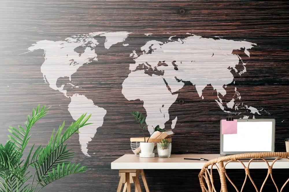 Tapeta mapa světa na dřevě - 225x150 cm