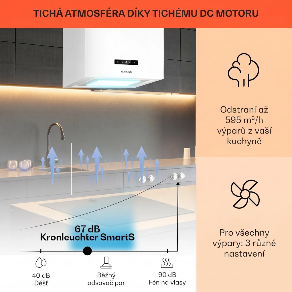 Klarstein Kronleuchter Smart ostrovní digestoř 595 m³/h ovládání přes aplikaci LED panel