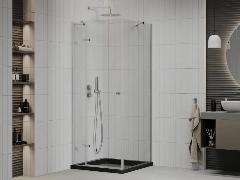 Mexen Roma, sprchový kout s křídlovými dveřmi 90 (dveře) x 90 (stěna) cm, 6mm čiré sklo, chromový profil + slim sprchová vanička černá + chromový sifon, 854-090-090-01-00-4070