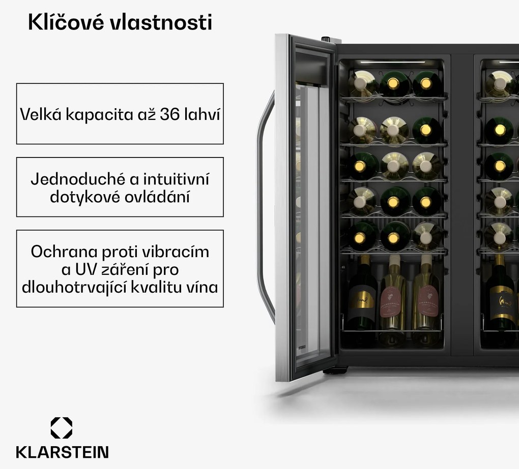 Klarstein Vinamour vinotéka, 2 chladící zóny, 7 polic, dotykové ovládání, UV-ochrana