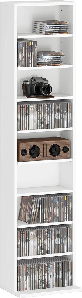HOMCOM CD a DVD regál s 9 přihrádkami, úzký s nastavitelými policemi pro obývací pokoj a kancelář 33x24x140 cm Bílý | Aosom