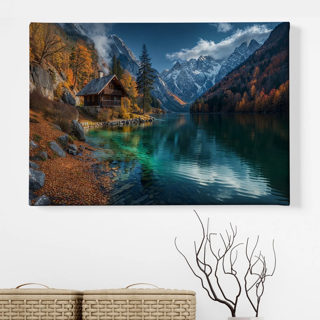 Obraz na plátně - Podzimní ráno v chatce u jezera FeelHappy.cz Velikost obrazu: 120 x 80 cm