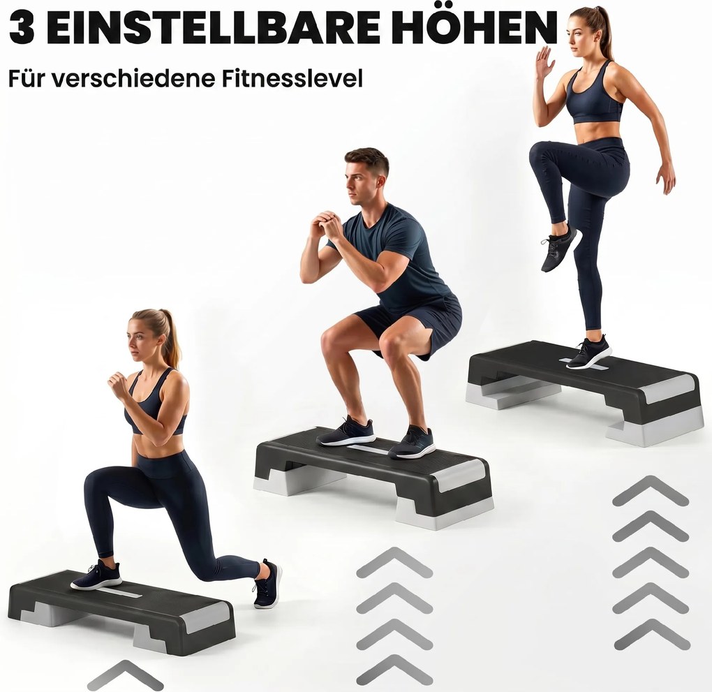 SPORTNOW Aerobic Stepper – nastavitelný na 3 výšky (15/20/25 cm), protiskluzový, nosnost 250 kg – kompaktní černý step pro domácí cvičení