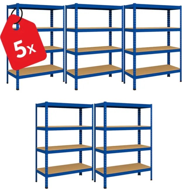 Akce 5x Regál 150x70x30 cm lakovaný 4-policový, nosnost 700 kg - modrý