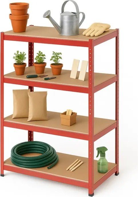 Regál 150x70x30 cm lakovaný 4-policový, nosnost 700 kg - červený - 2ks