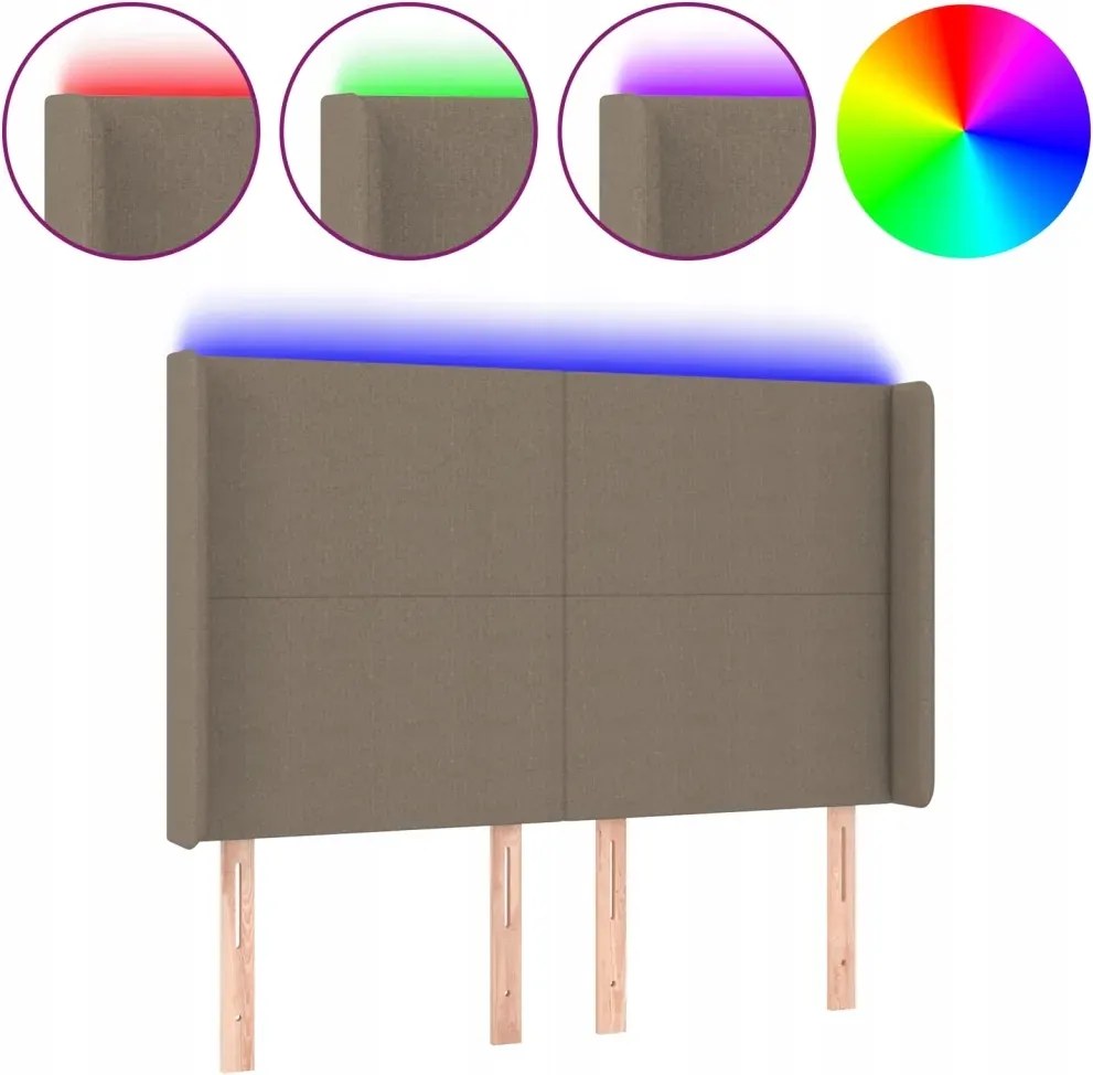 vidaXL Opěrka hlavy k posteli s Led, taupe, 147x16x118/128 cm, látka