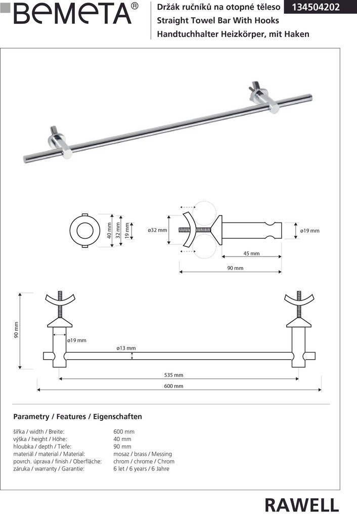 Bemeta Design RAWELL: Držák ručníků na topné těleso, 535 mm, lesk -